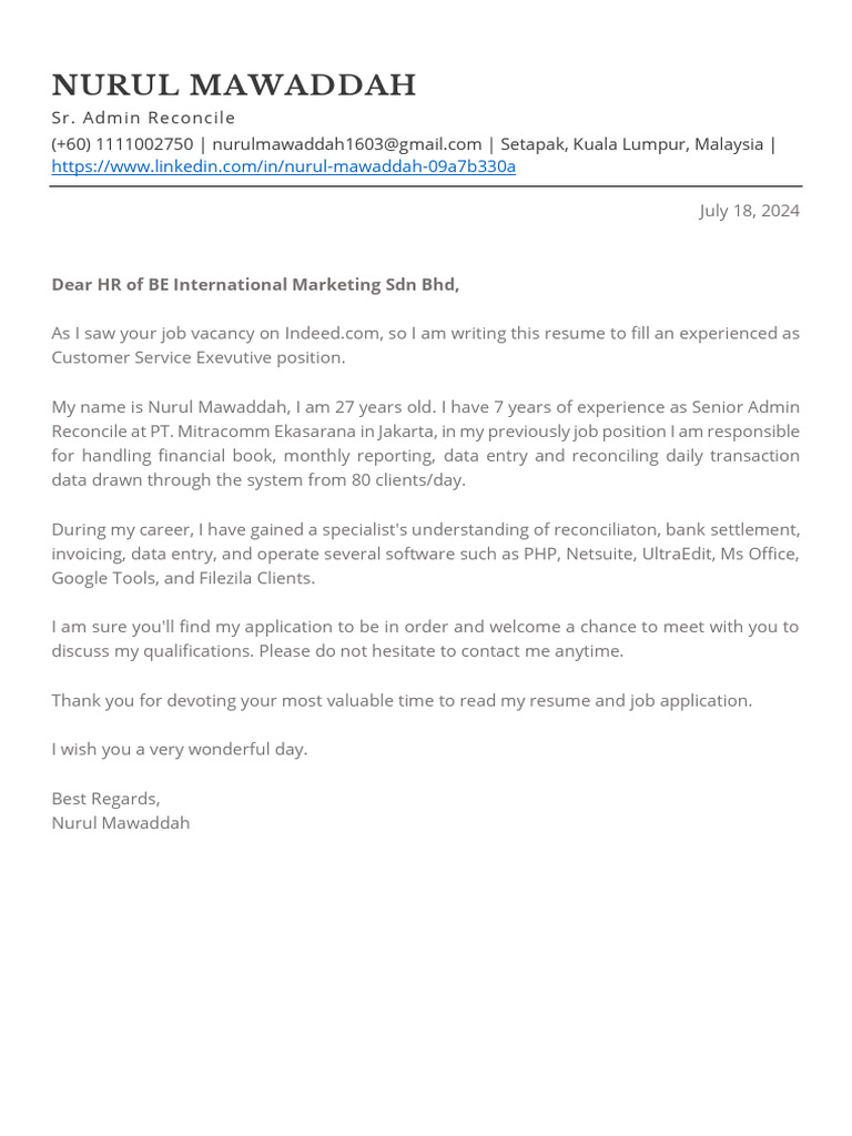 Application Letter Nurul | PDF