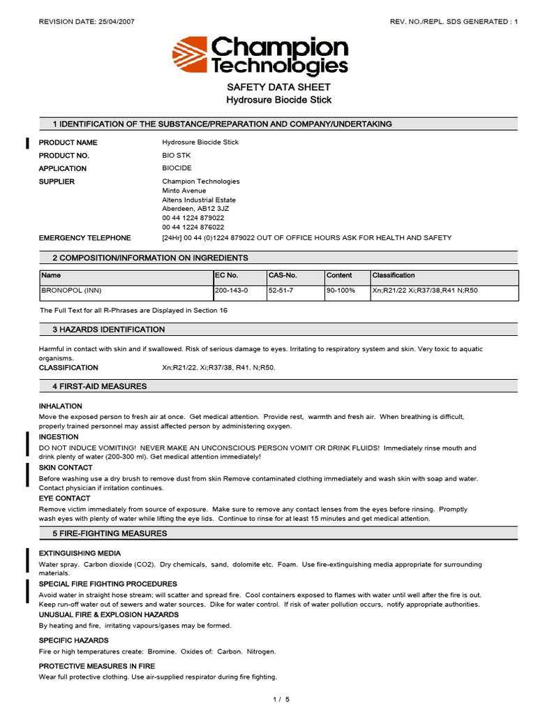 Biocide Stick Hydrosure - Msds - Eng 25042007 | PDF | Firefighting | Fires