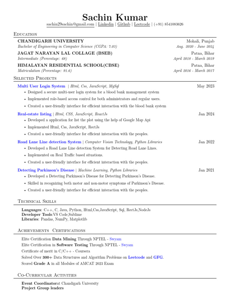 Sachin Kumar - 20BCS5305 - Resume-2 | PDF | Java Script | Usability