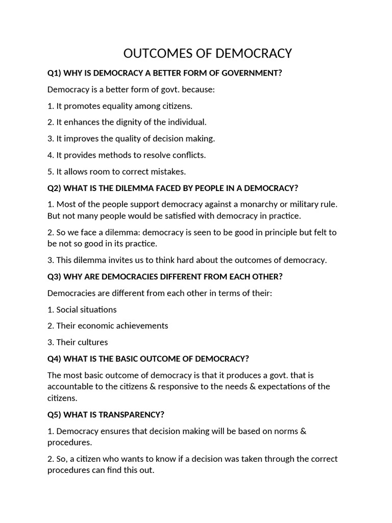 Outcomes of Democracy Notes | PDF | Democracy | Political Ideologies