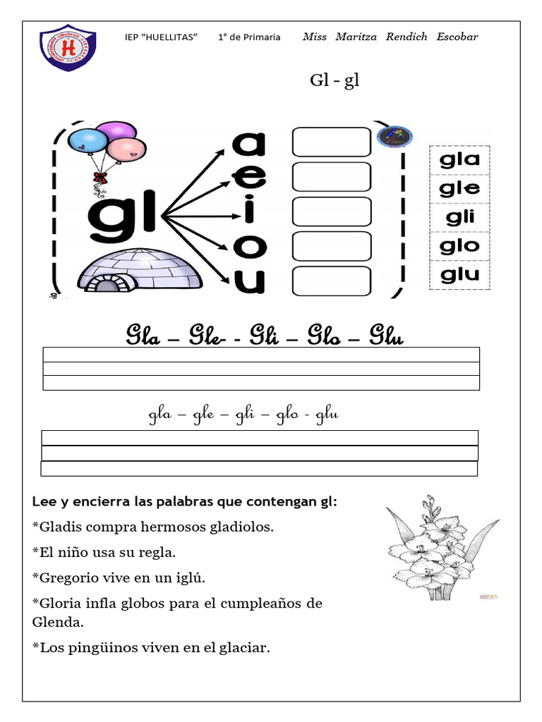 Actividades de sílabas trabadas "gl" | PDF