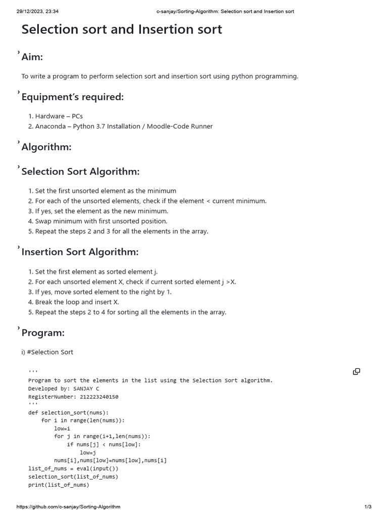 C-Sanjay - Sorting-Algorithm - Selection Sort and Insertion Sort | PDF | Applied Mathematics ...