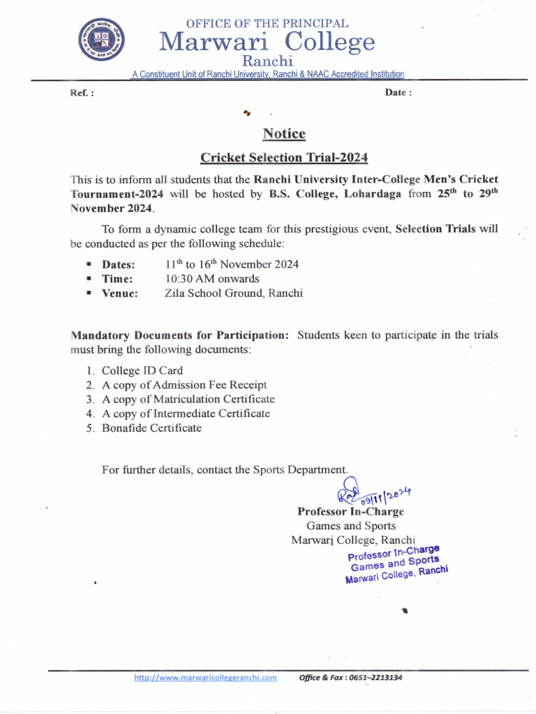 Notice Cricket Selection Trial 2024 | PDF