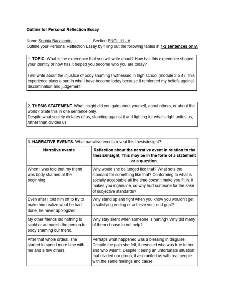 Bacalando - Outline For Personal Reflection Essay | PDF