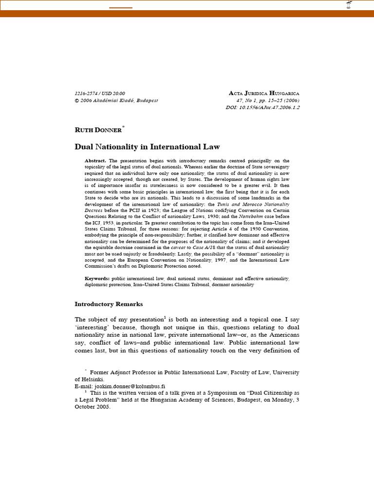Dual Nationality in International Law: UTH Onner | PDF | Nationality | International Law