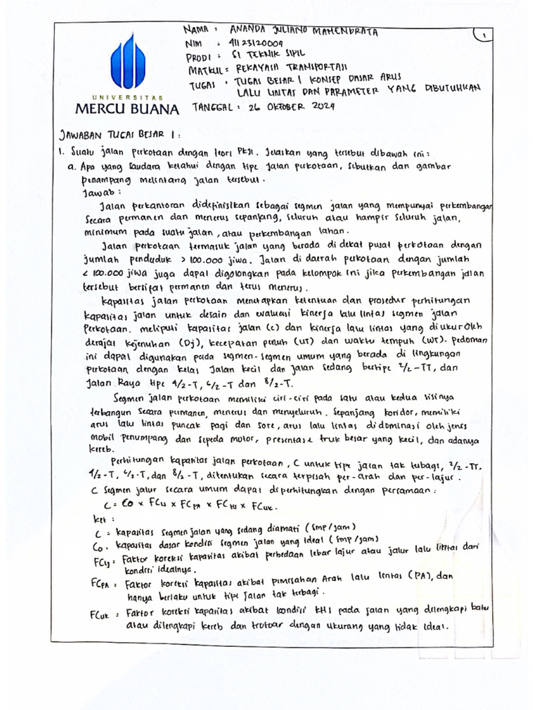 Ananda Juliano M - 41123120004 - Rekayasa Transportasi - TB 1 | PDF