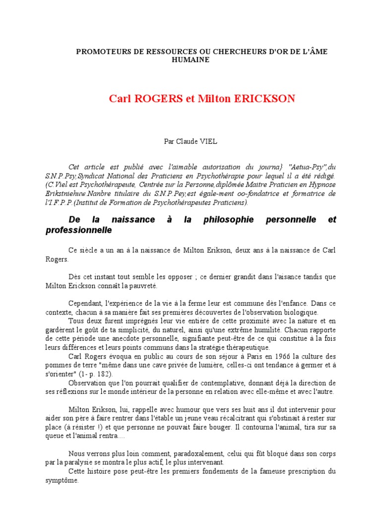 Carl Rogers Et Erickson | PDF | Psychothérapie | Hypnose