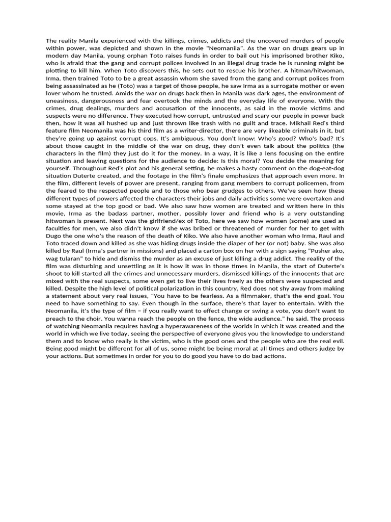 Neomanila Analysis - Grade 10 | PDF | Criminal Law | Criminal Justice