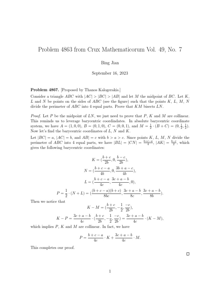 Problem 4867 From Crux Mathematicorum Vol. 49, No. 7 | PDF | Euclid | Geometric Shapes