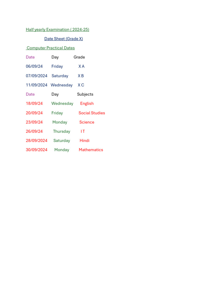 Half Yearly Date Sheet 10 | PDF