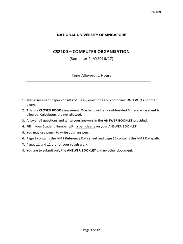 CS2100 Exam16s2 - Qns | PDF | Computer Architecture | Computer Engineering