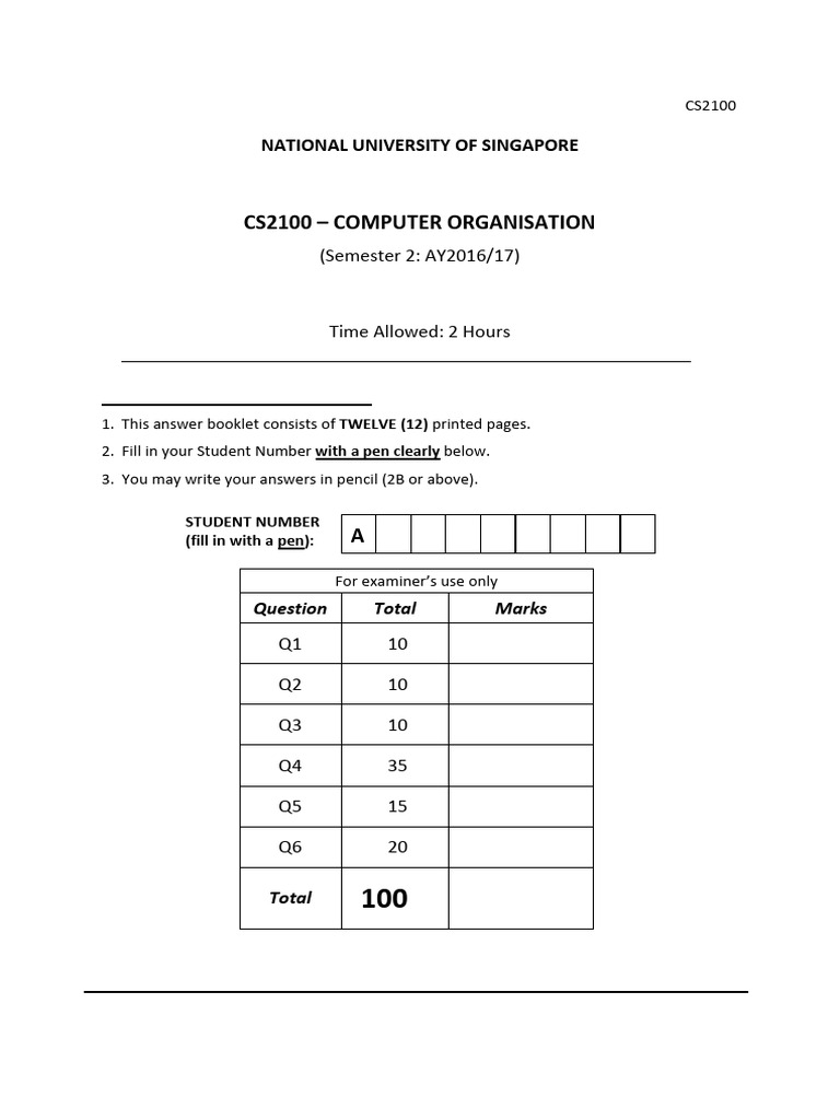 CS2100 Exam16s2 - Ans - Book - Blank | PDF