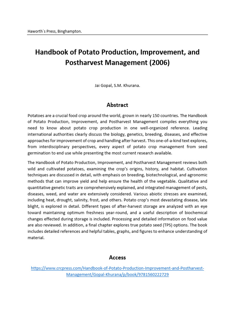 Handbook of Potato Production Improvement and Postharvest Management | PDF | Technology ...