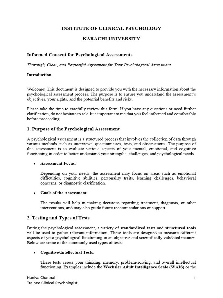 IInformed Consent For Psychological Assessments - NSTITUTE of CLINICAL ...