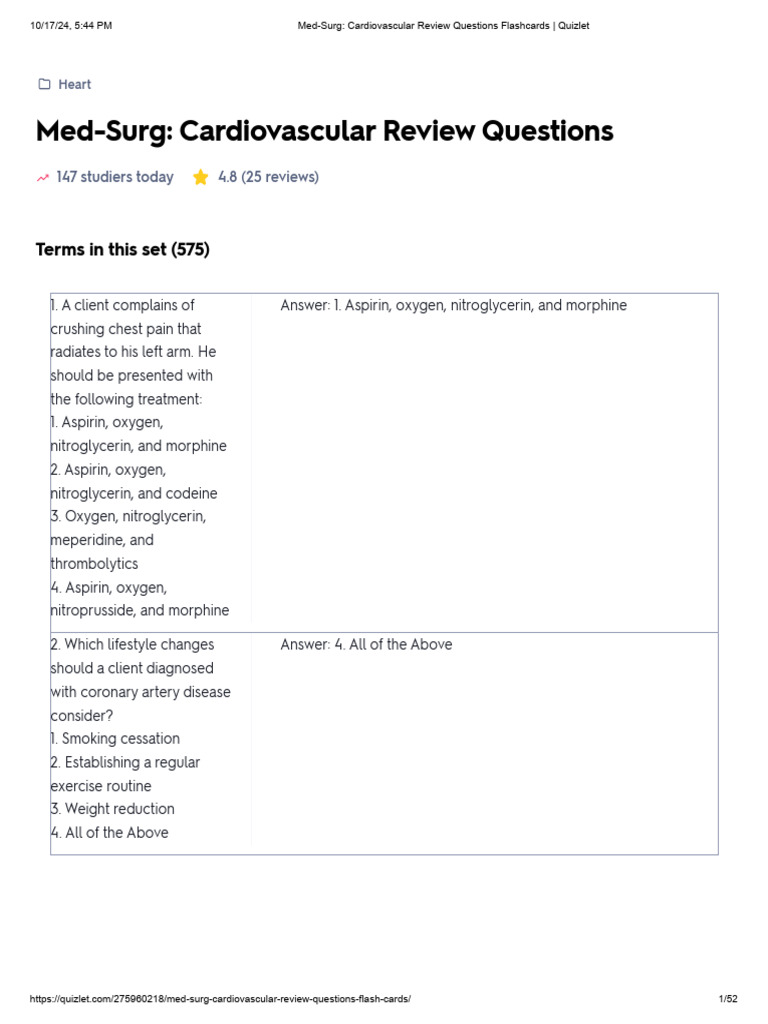 Med-Surg - Cardiovascular Review Questions Flashcards - Quizlet | PDF | Heart | Myocardial ...