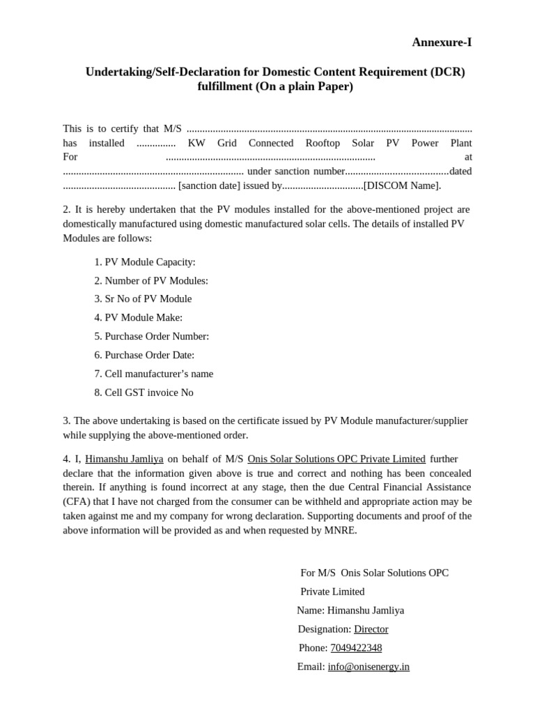 DCR Self-Declaration Undertaking Form | PDF | Photovoltaics | Solar Panel