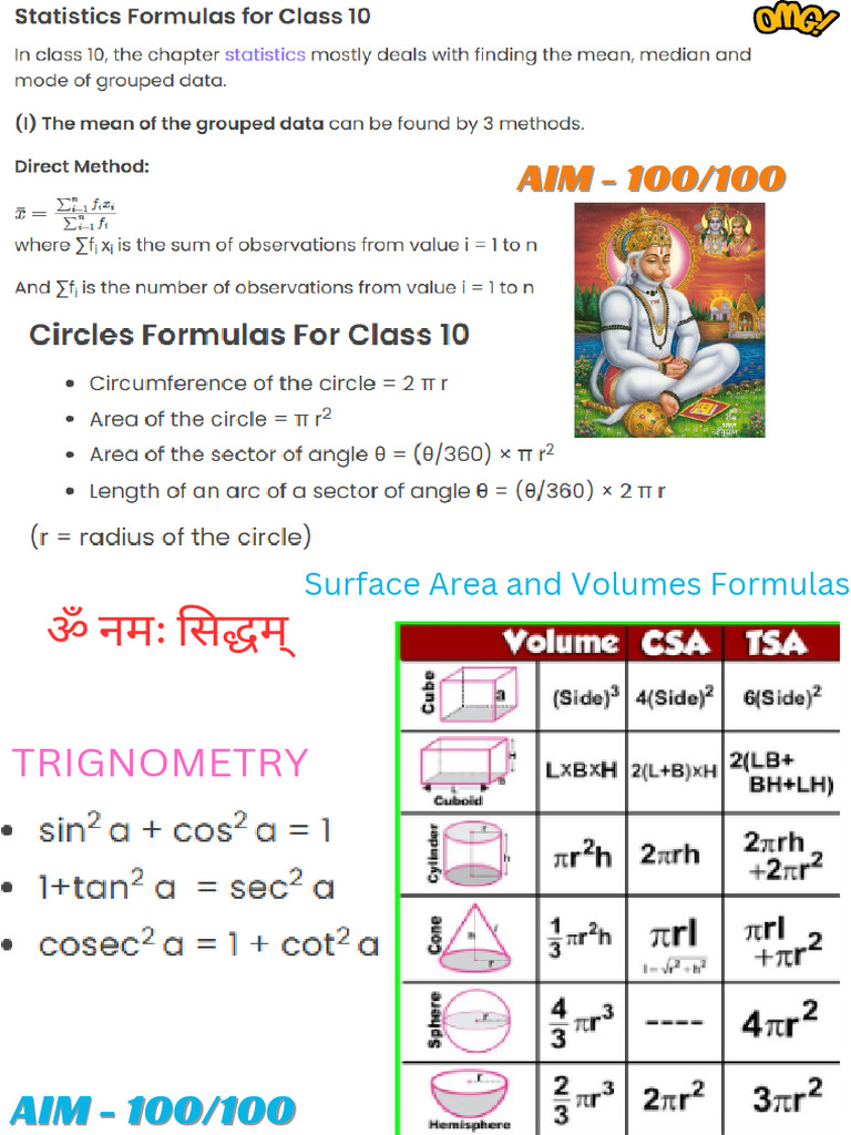 Class 10 Formulas Maths Cheat Sheet | PDF