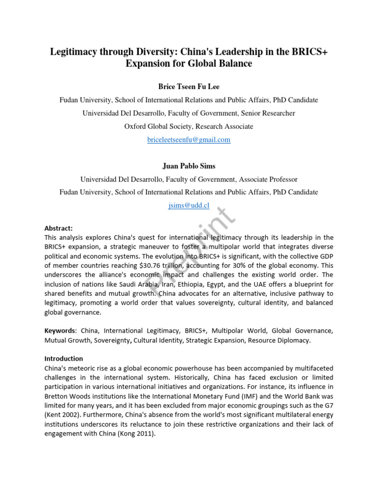 Legitimacy Through Diversity: China's Leadership in The BRICS+ ...