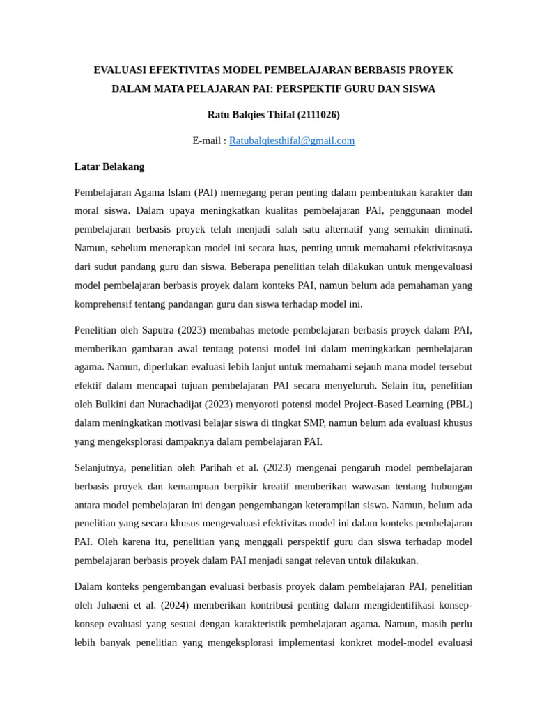 ARTIKEL Evaluasi Efektivitas Model Pembelajaran Berbasis Proyek Dalam Mata Pelajaran PAI ...