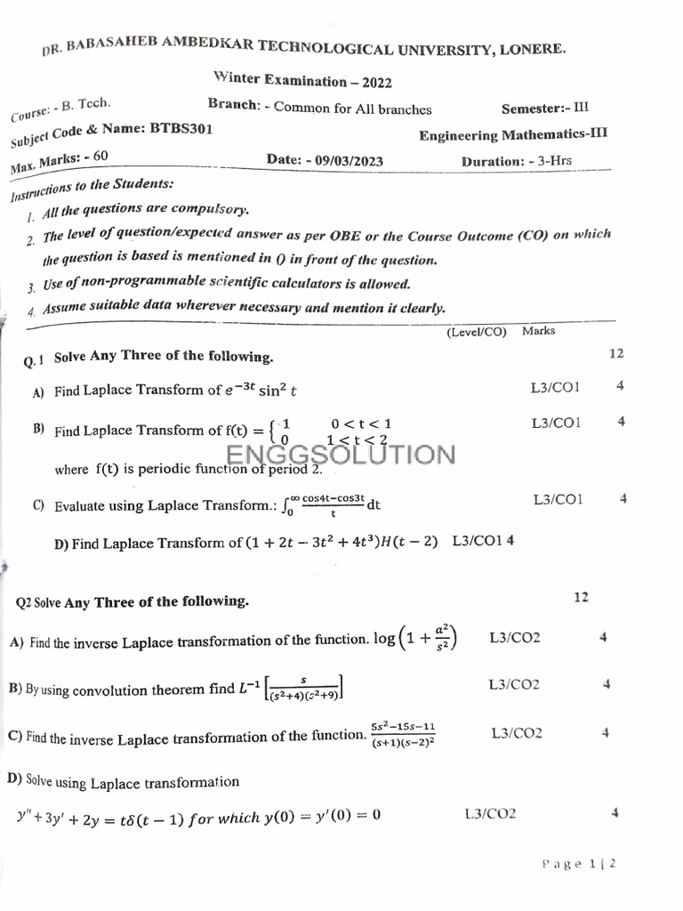 Dbatu em 3 Question Paper - 2022 | PDF | Mathematics | Equations