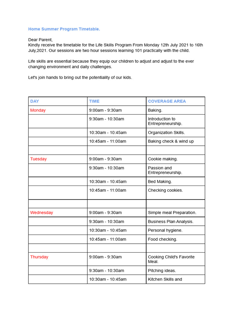 Summer Timetable | PDF