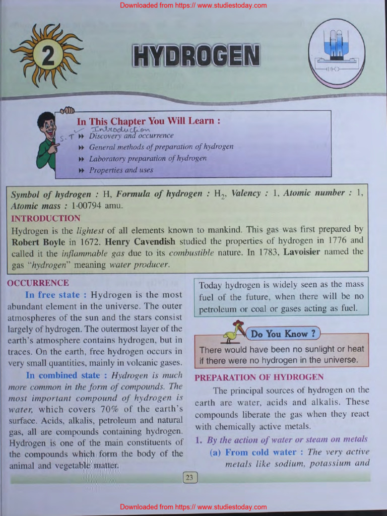 ICSE Class 8 Chemistry Chapter 2 Hydrogen | PDF