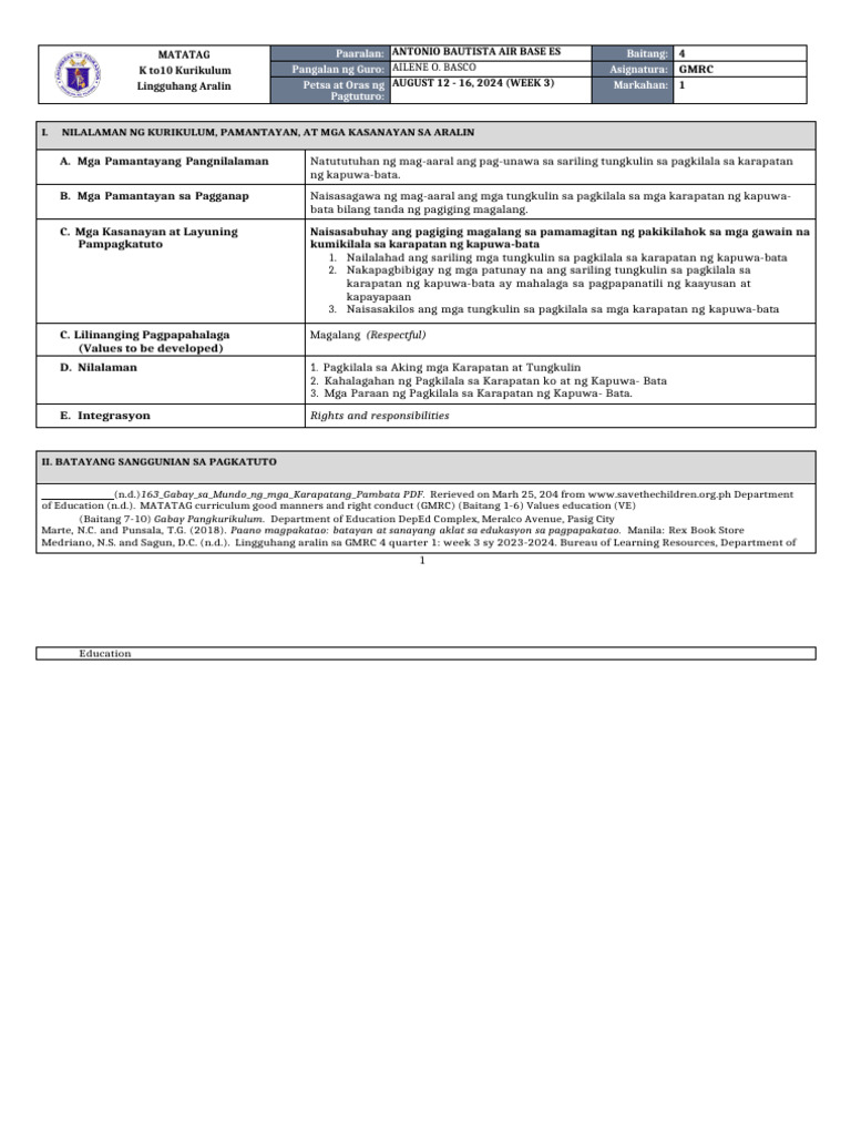 DLL Matatag - GMRC 4 q1 w3 | PDF