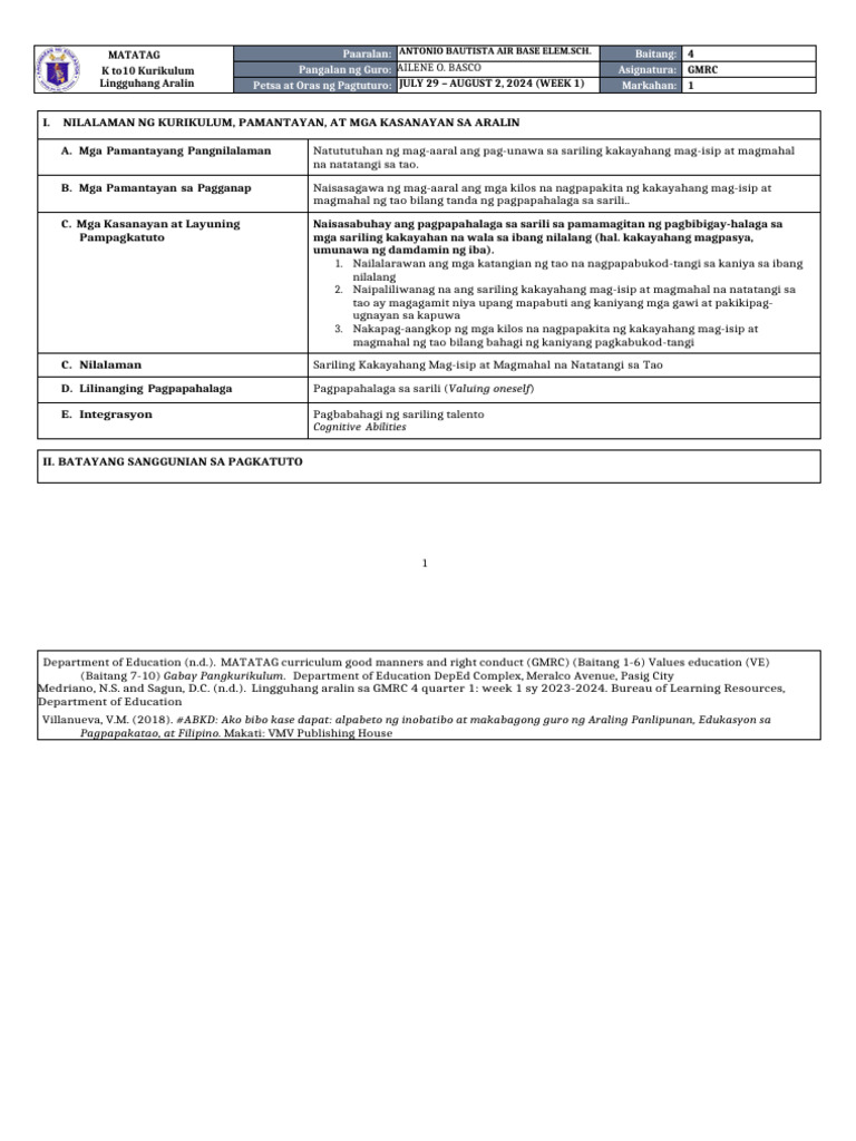 DLL Matatag - GMRC 4 q1 w1 | PDF