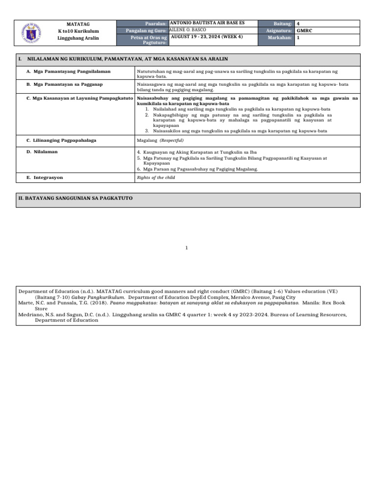 DLL Matatag - GMRC 4 q1 w4 | PDF