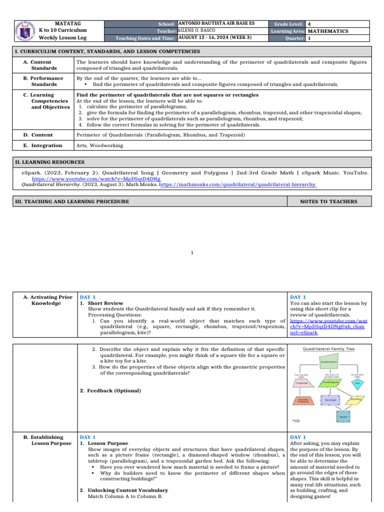 DLL Matatag - Math 4 q1 w3 | PDF | Rectangle | Euclidean Geometry