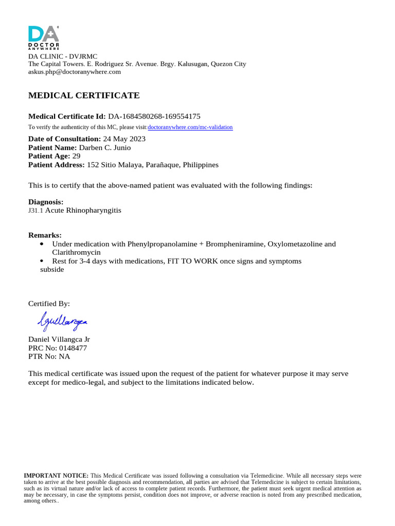 Medical Certificate For Darben Junio | PDF | Self-Improvement