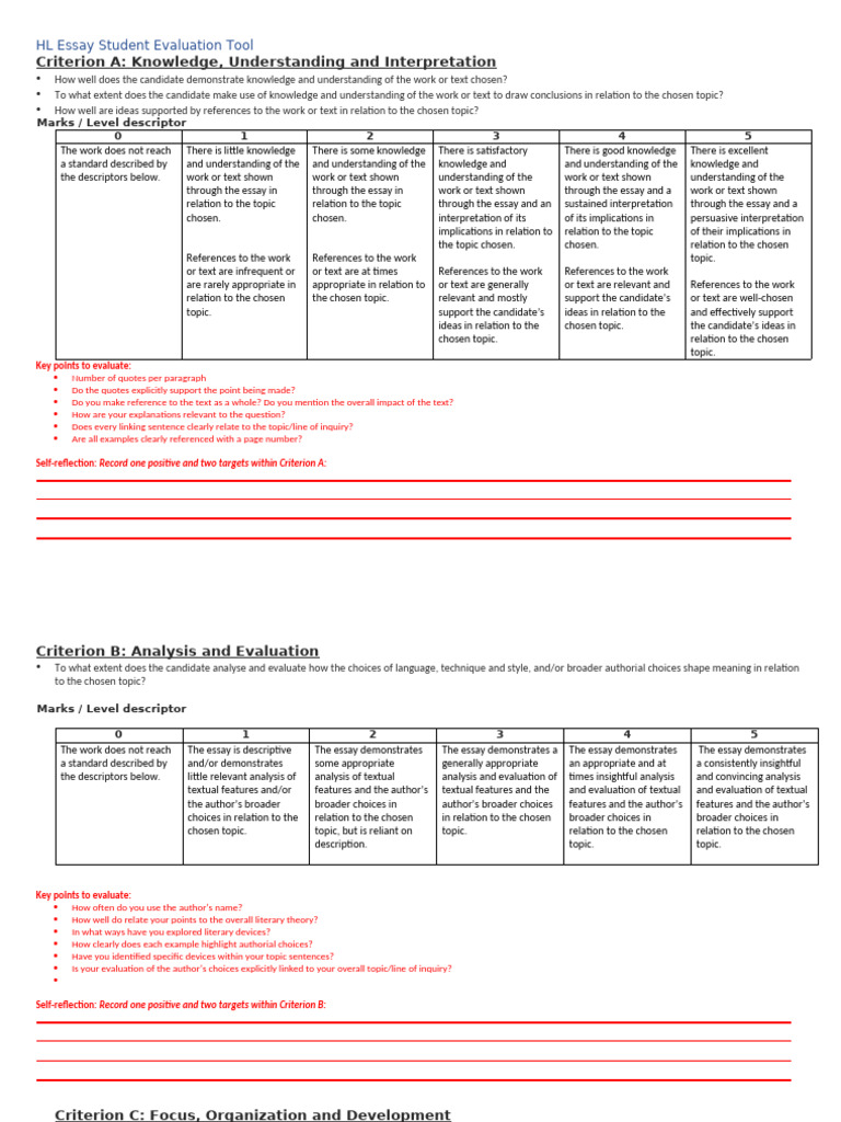 HL Essay Student Evaluation Tool | PDF | Essays | Accuracy And Precision