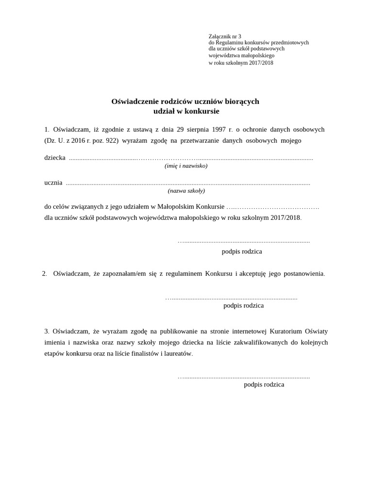 Zal. NR 3 Oswiadczenie Rodzicow | PDF