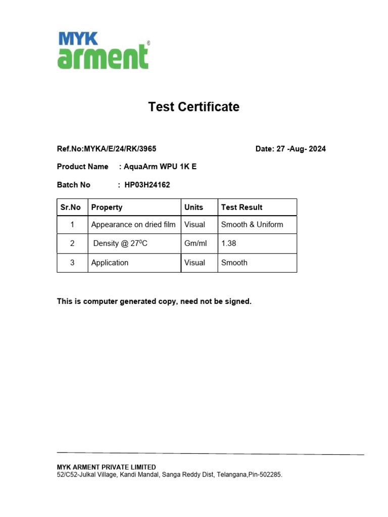 AquaArm WPU 1K E Test Certificate | PDF