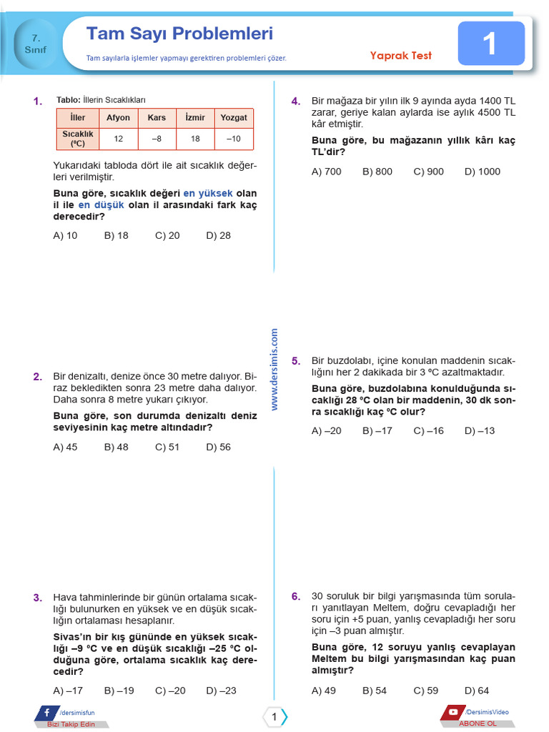 11 Tam Sayi Problemleri Test 1 | PDF