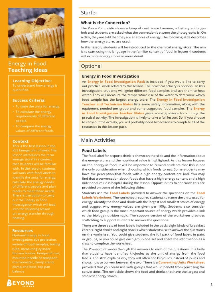 Energy in Food Teaching Ideas | PDF | Foods | Meal