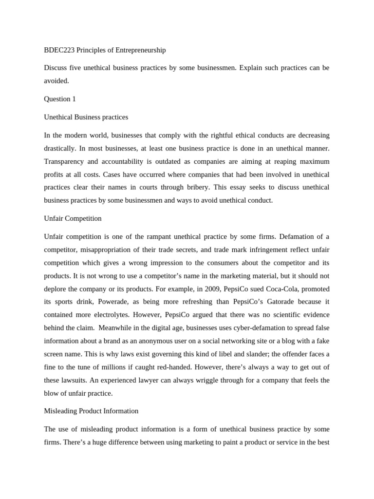 Unethical Business Practices - 064718 | PDF | Business Ethics | Bribery