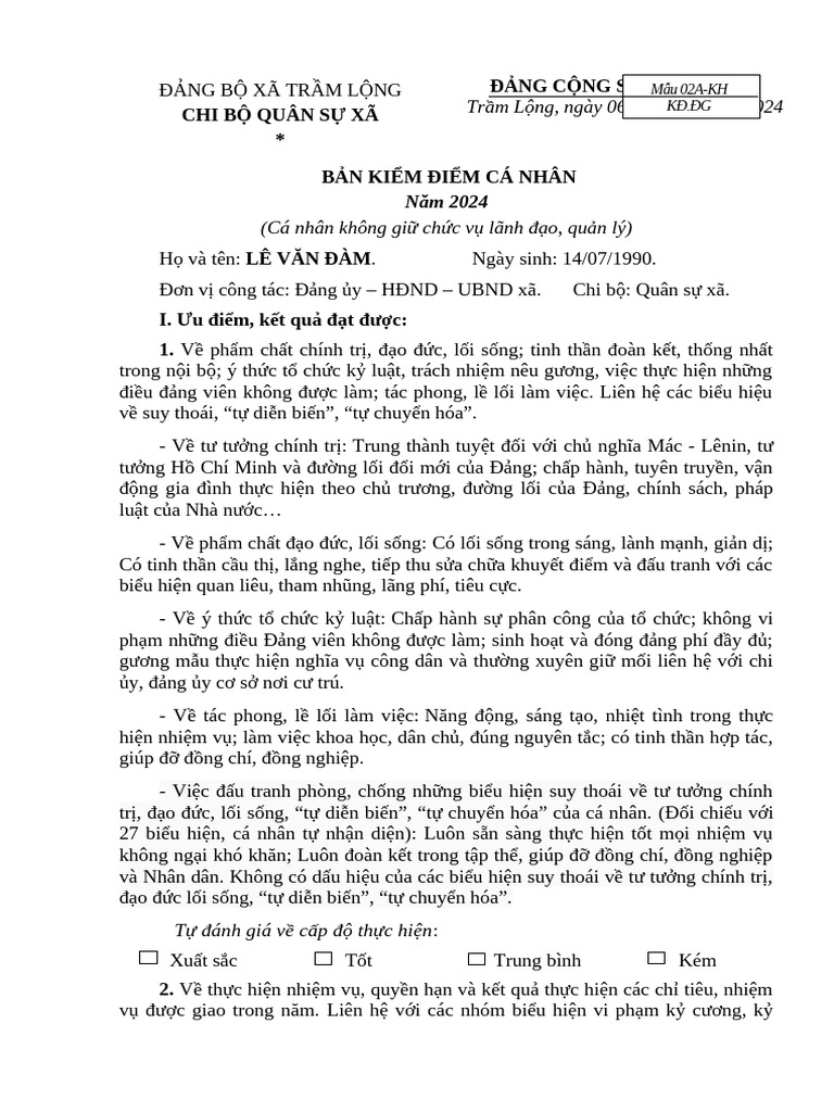 Mau 2A Ban Kiem Diem Dang Vien KHÔNG Gi CV LĐ | PDF