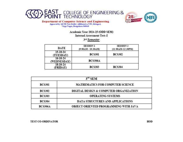 IA 1 Timetable - CSE - 3rd - ODD SEM - 2024 - 25 | PDF