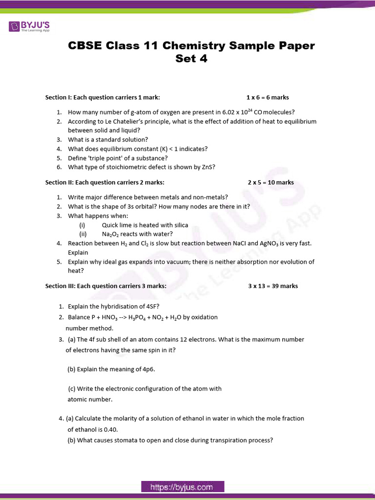 CBSE Class 11 Chemistry Sample Paper Set 4 | PDF | Molecules | Atomic ...