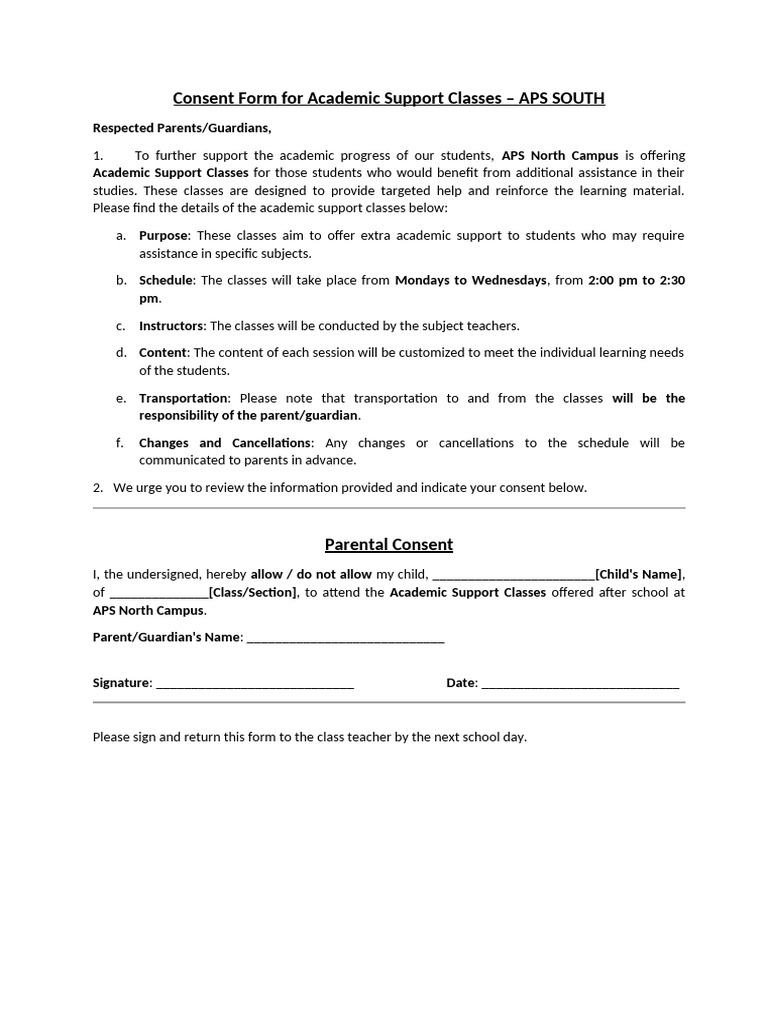Consent Form For Academic Support Classes | PDF
