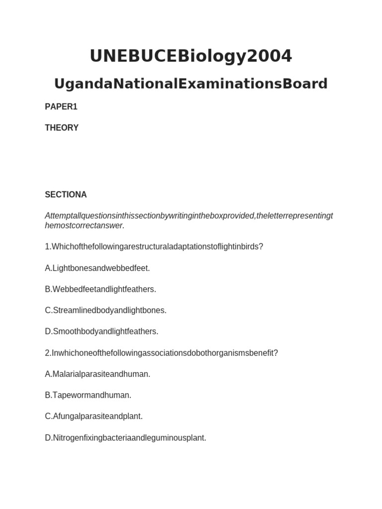 UNEB UCE Biology Past Papers Uganda Nati | PDF | Wellness | Science ...