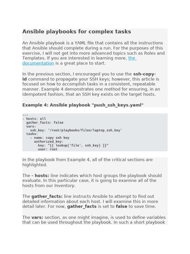 Ansible playbooks for complex tasks | PDF | Secure Shell | Computer Science Ansible playbooks for complex tasks | PDF | Secure Shell | Computer Science