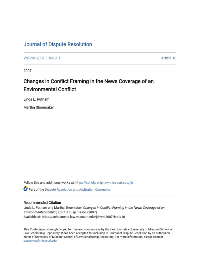 Putnam - Changes in Conflict Framing | PDF | Framing (Social Sciences ...