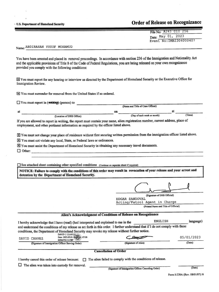 Abdirahman Yusuf Mohamud - Order of Release On Recognizance - 05.01.23 ...