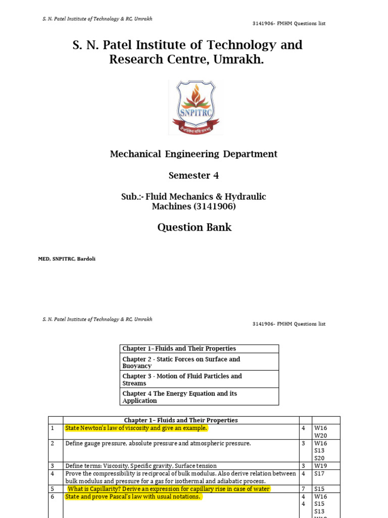 FMHM Question Bank 1 | PDF | Pressure | Buoyancy