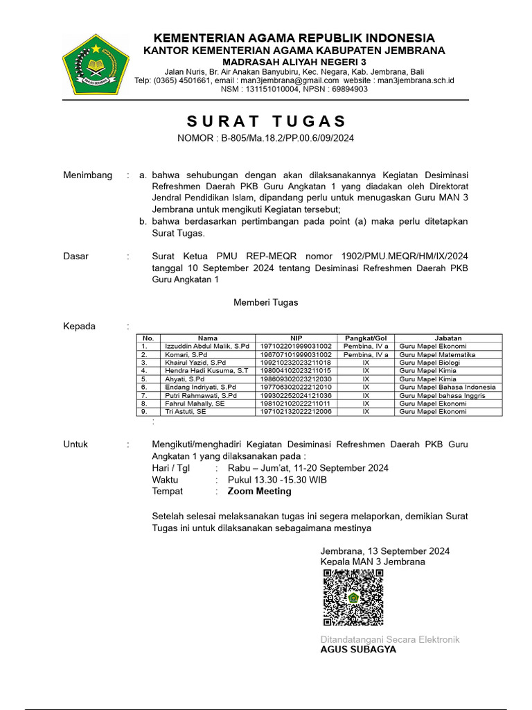 Surat Tugas Workshop Desiminasi Refreshmen Daerah PKB Guru Angkatan 1 | PDF