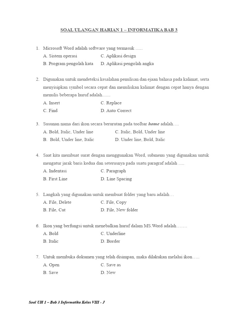 SOAL ULANGAN HARIAN 1 INFORMATIKA BAB 3 Kelas VIII - J | PDF | Komputer