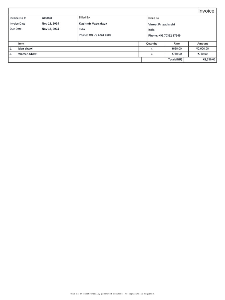 Invoice A00003 Kashmir Vastralaya Vineet Priyadarshi | PDF
