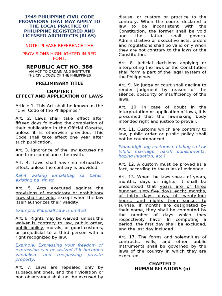 1949 Philippine Civil Code Provisions That May Apply To The Local ...